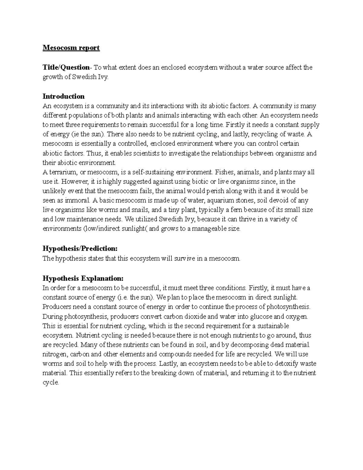 Mesocosm report - fe lv - Mesocosm report Title/Question- To what ...