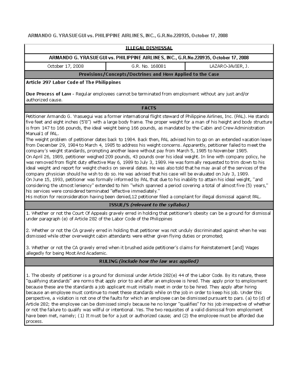 Armando G. Yrasuegui vs. Philippine Airlines, INC - ARMANDO G ...