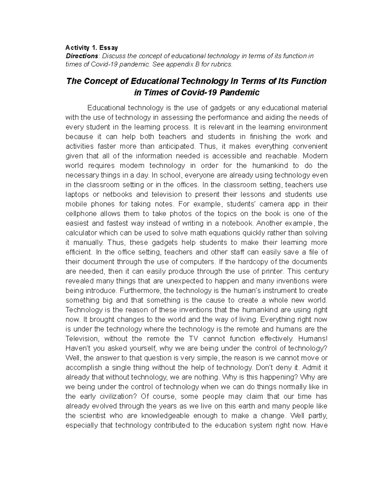 Lesson 3. Activity 1. Essay - Activity 1. Essay Directions : Discuss ...