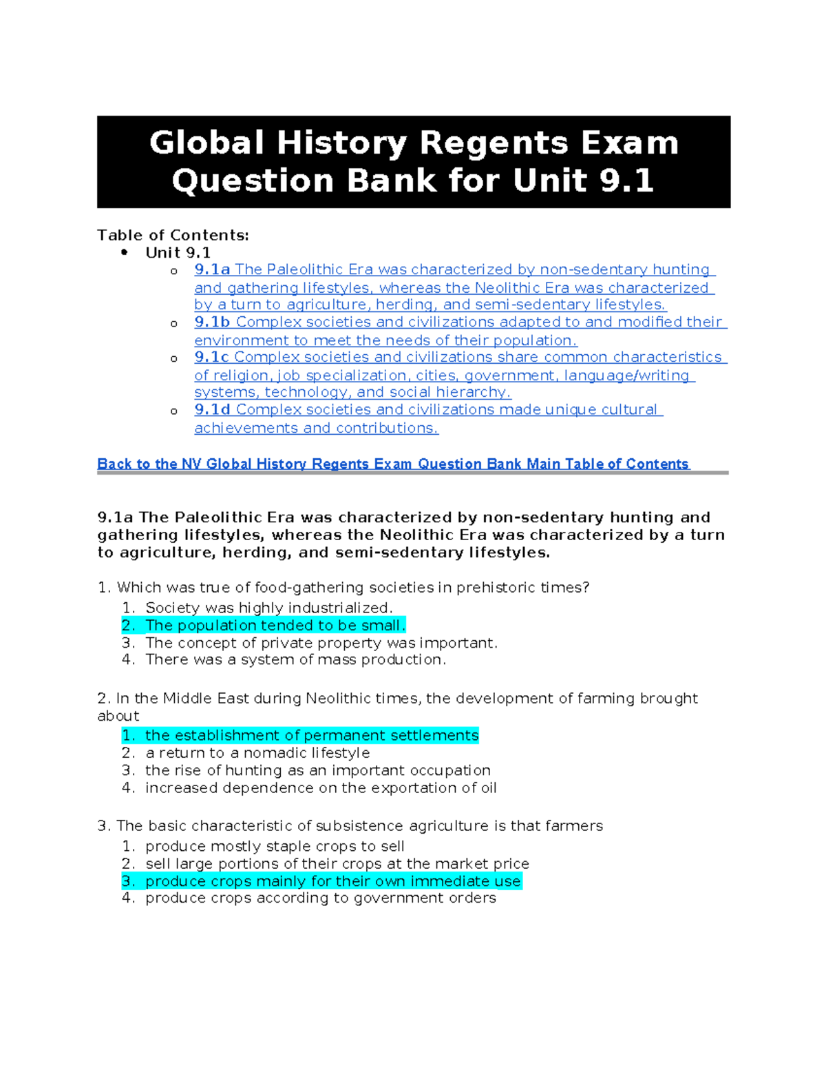 Global 9th Grade Review 1 - Global History Regents Exam Question Bank ...
