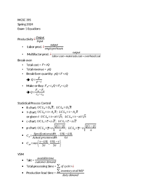 Formula Sheet Exam 1 - MGSC 395 - Studocu