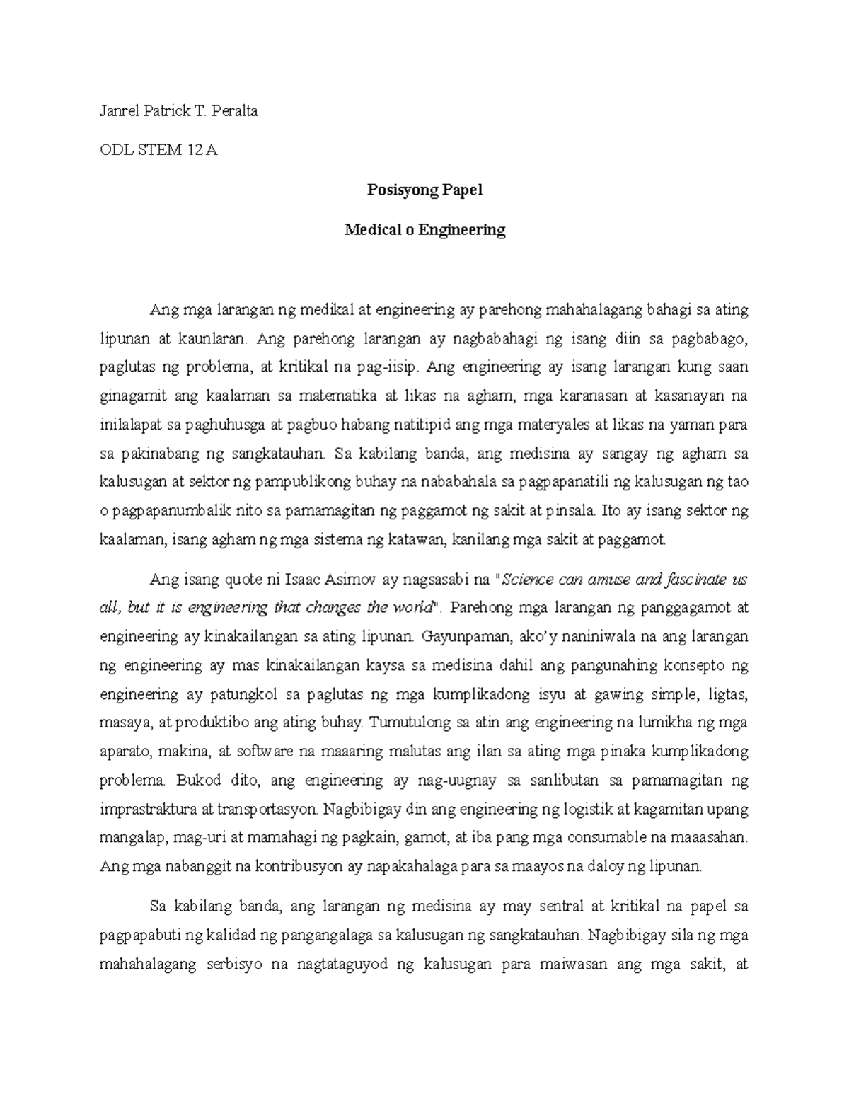 Position Paper - sadasdasda - Janrel Patrick T. Peralta ODL STEM 12 A ...