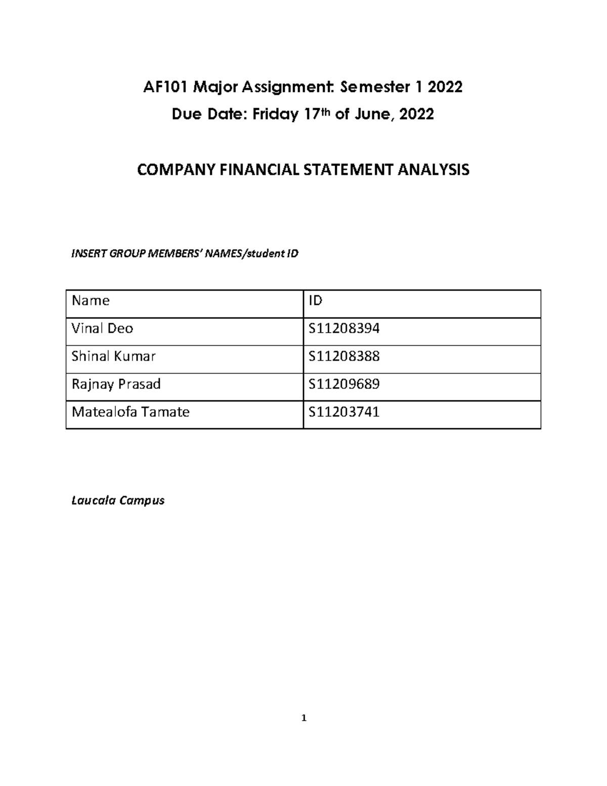 AF101 Major Assignment G1 2022 - AF101 Major Assignment: Semester 1 ...