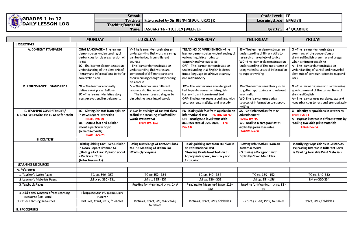 DLL Quarter 4 Week 1 English 4 - GRADES 1 to 12 DAILY LESSON LOG School ...
