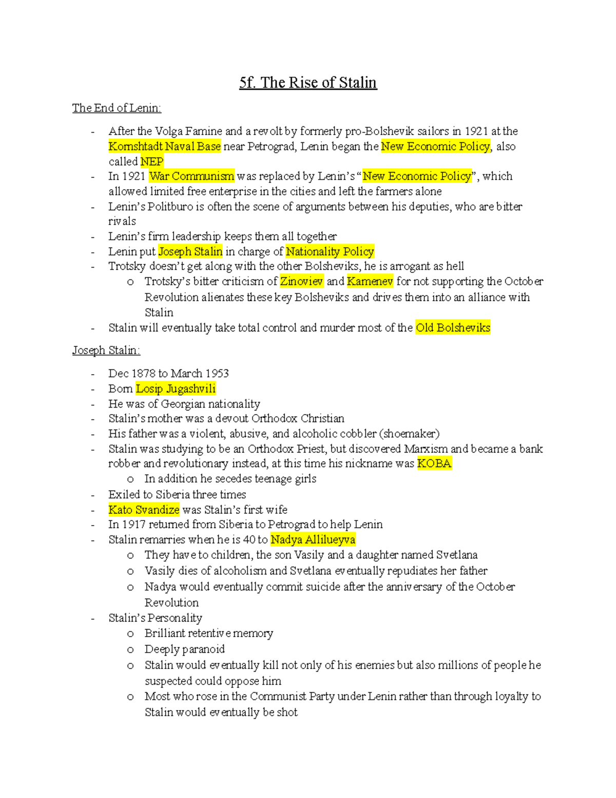 5f. The Rise of Stalin - Lecture notes 31 - 5f. The Rise of Stalin The ...