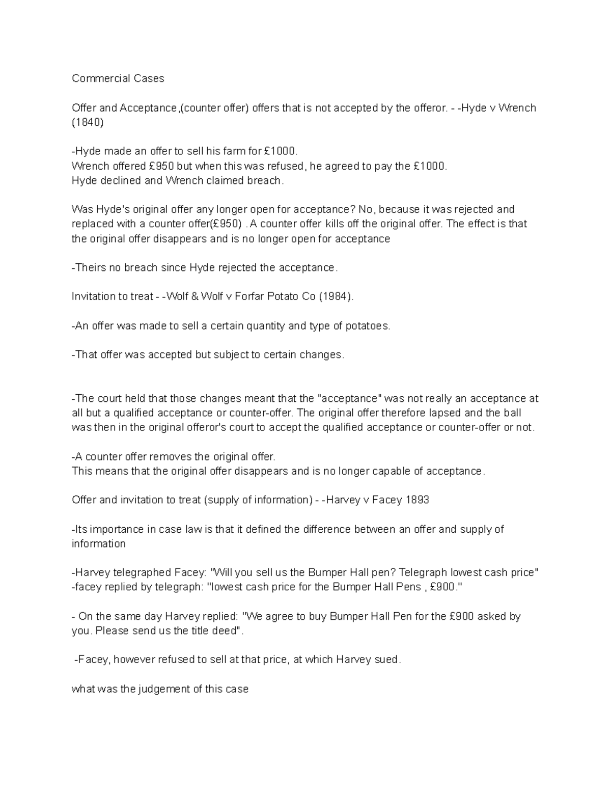 Commercial Cases - case notes - Commercial Cases Offer and Acceptance ...