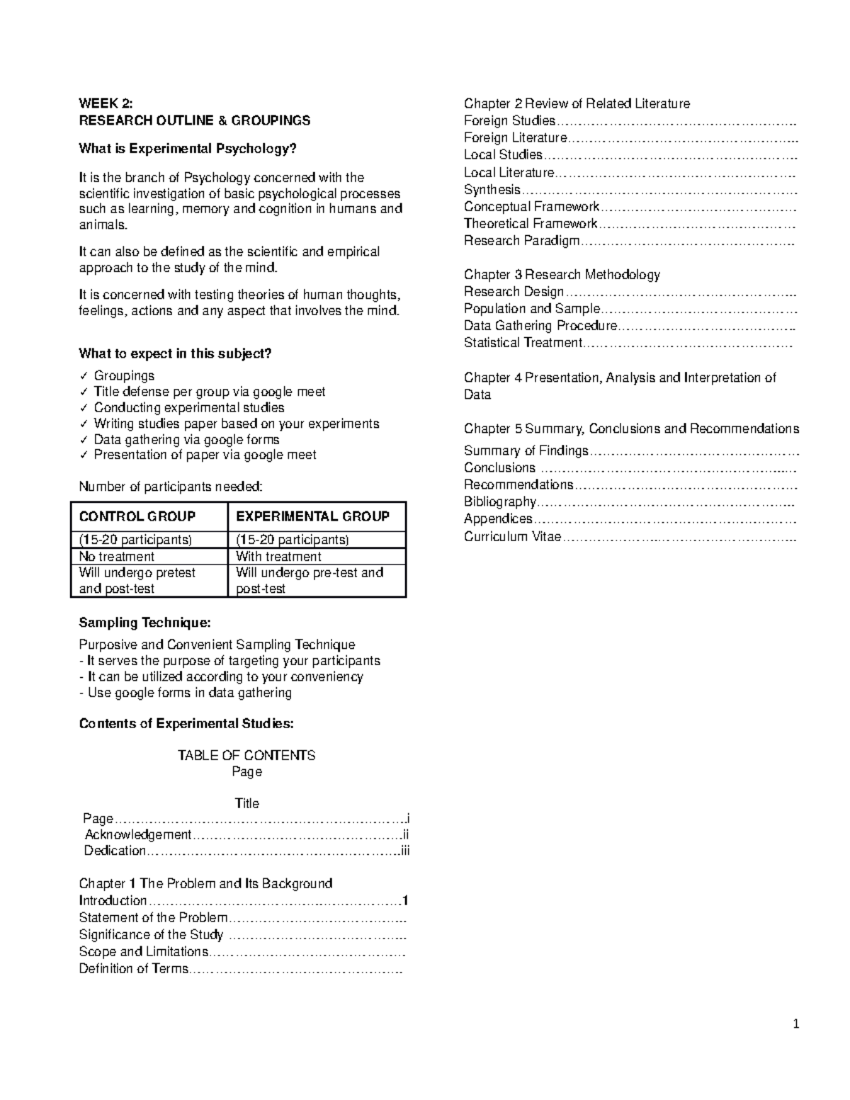 Experimental Reviewer Week 2 - WEEK 2: RESEARCH OUTLINE & GROUPINGS ...