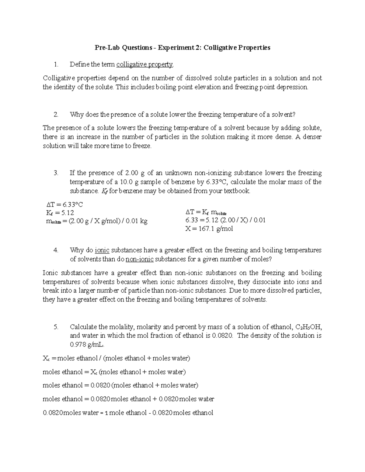 Pre Lab Colligative Properties - Pre-Lab Questions - Experiment 2: Colligative Properties Define ...
