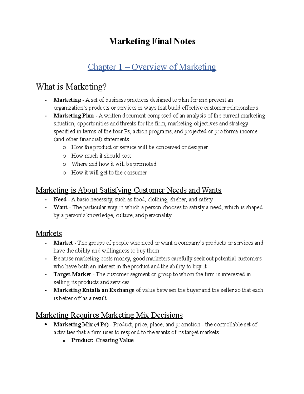 BU352 Marketing Final Notes - Marketing Final Notes Chapter 1 ...