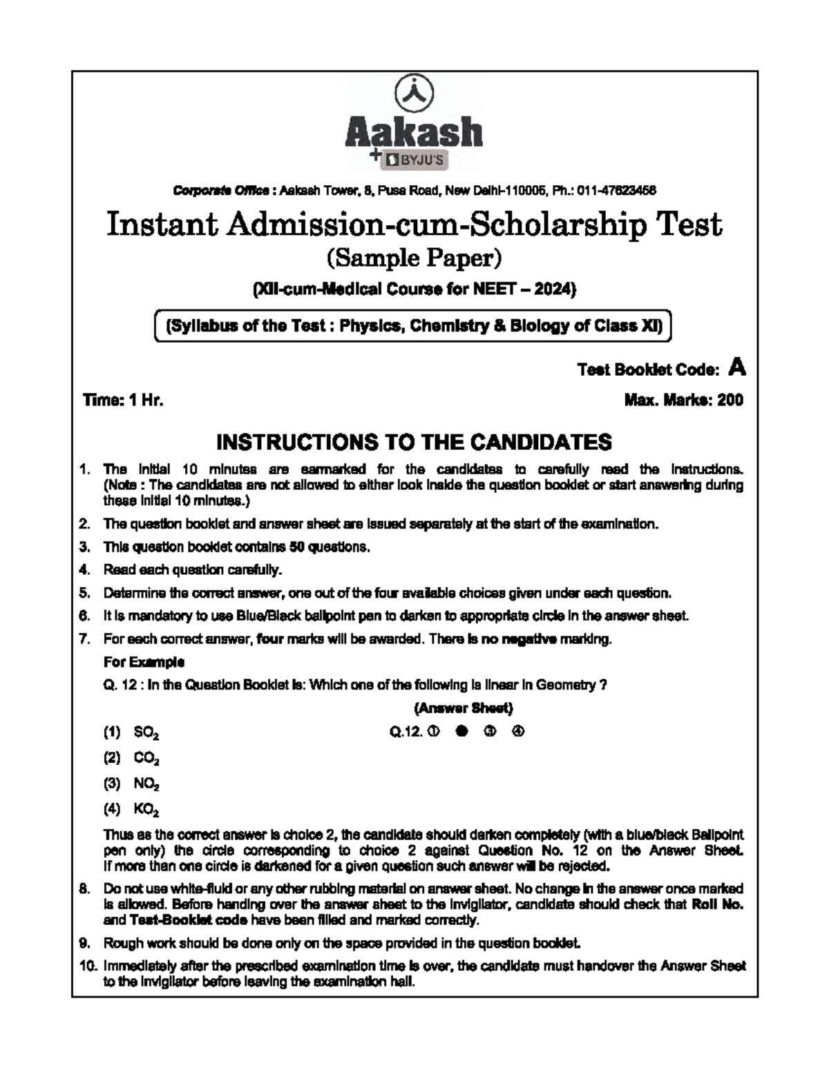 Sample Paper i ACST XII-cum-Medical-2024 - Aakash Corporate Office ...