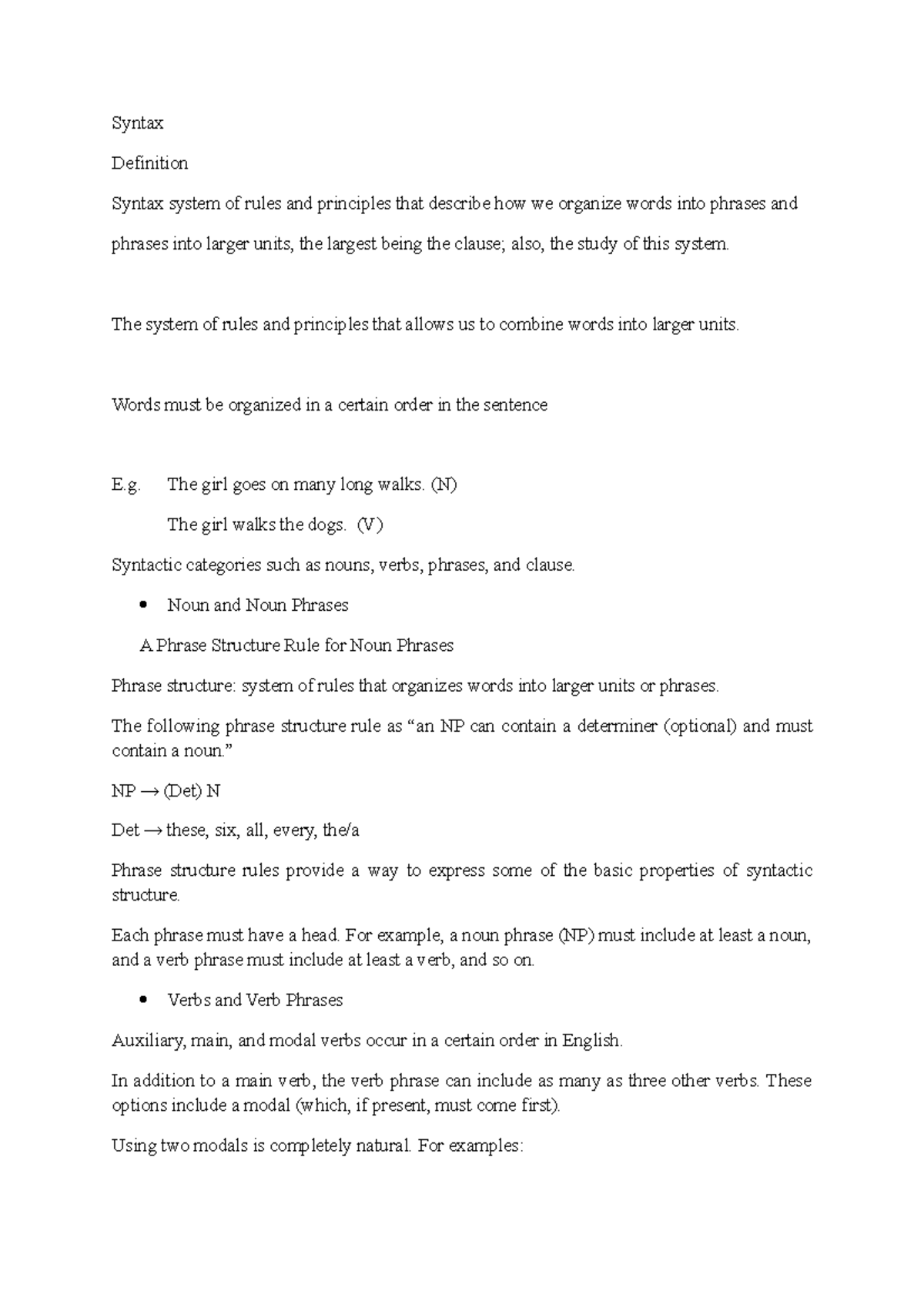 Linguistics 1 - Syntax Definition Syntax system of rules and principles ...