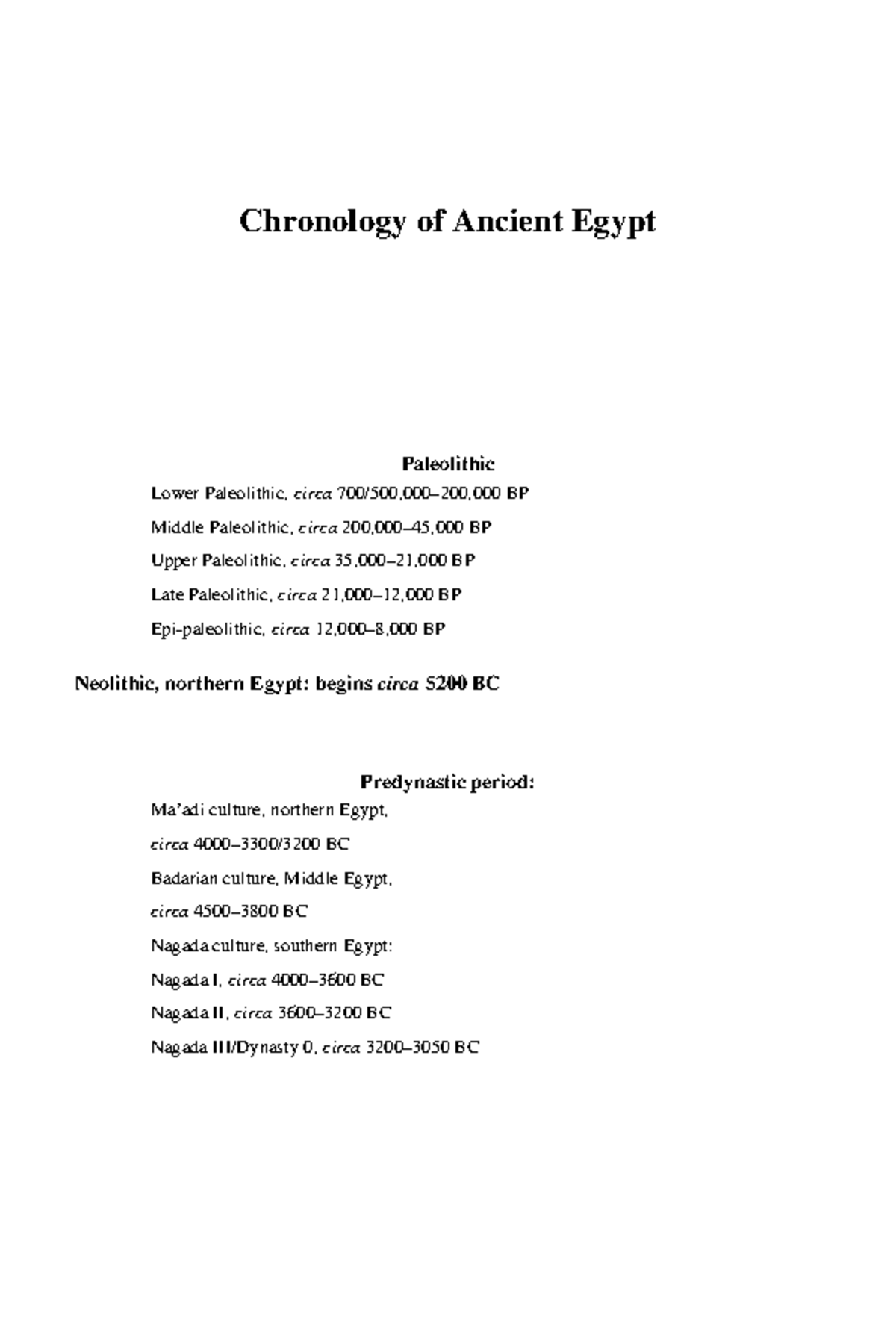 English 5 - Chronology of Ancient Egypt Paleolithic Lower Paleolithic ...
