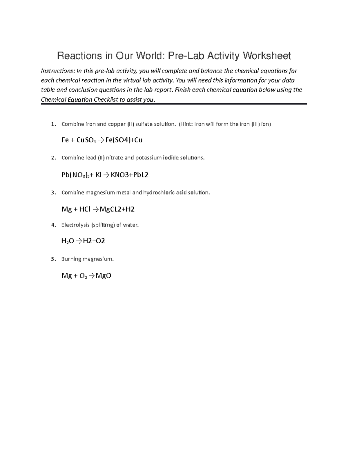 Reactions prelab worksheet - Reactions in Our World: Pre-Lab Activity ...