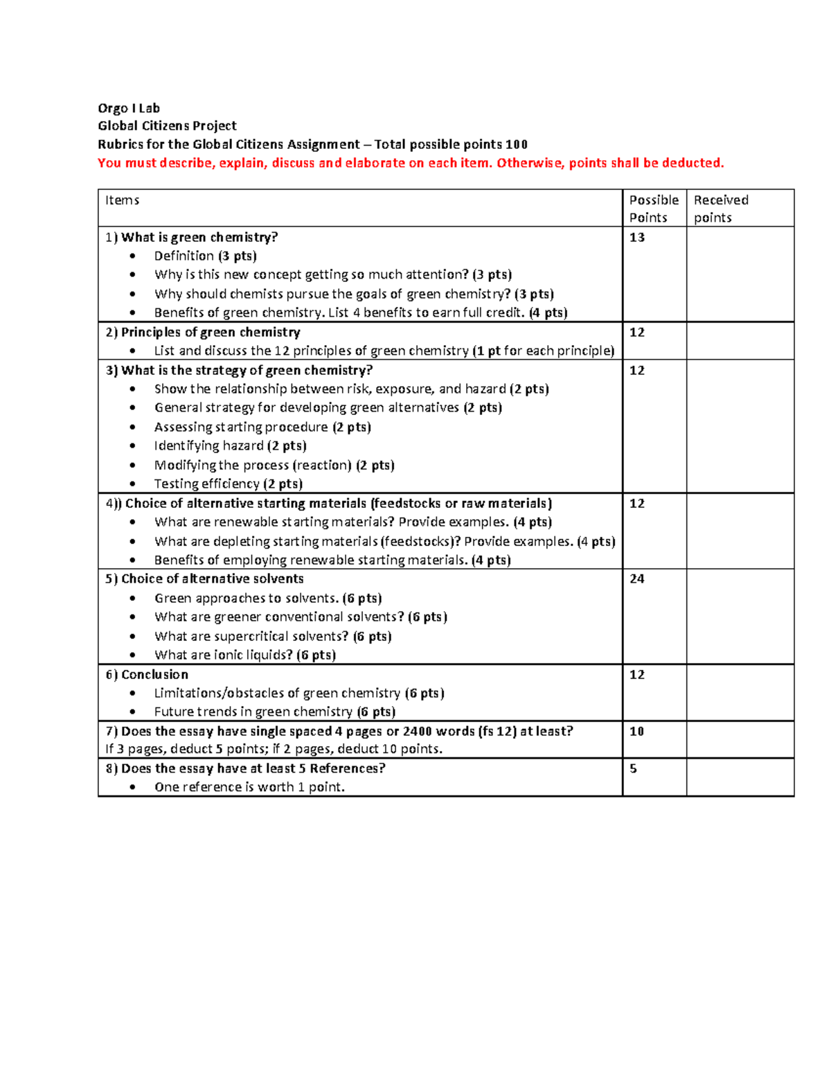 Orgo I GCP Rubrics - global citizen project - Orgo I Lab Global ...