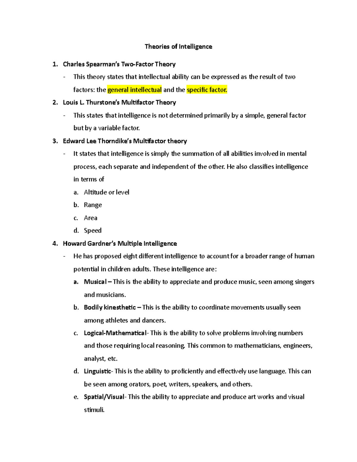 Theories of Intelligence - Theories of Intelligence Charles Spearman’s ...