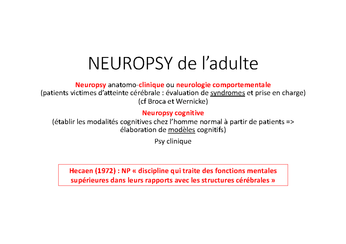 Neuropsy - NEUROPSY de l’adulte Neuropsy anatomo-clinique ou neurologie ...
