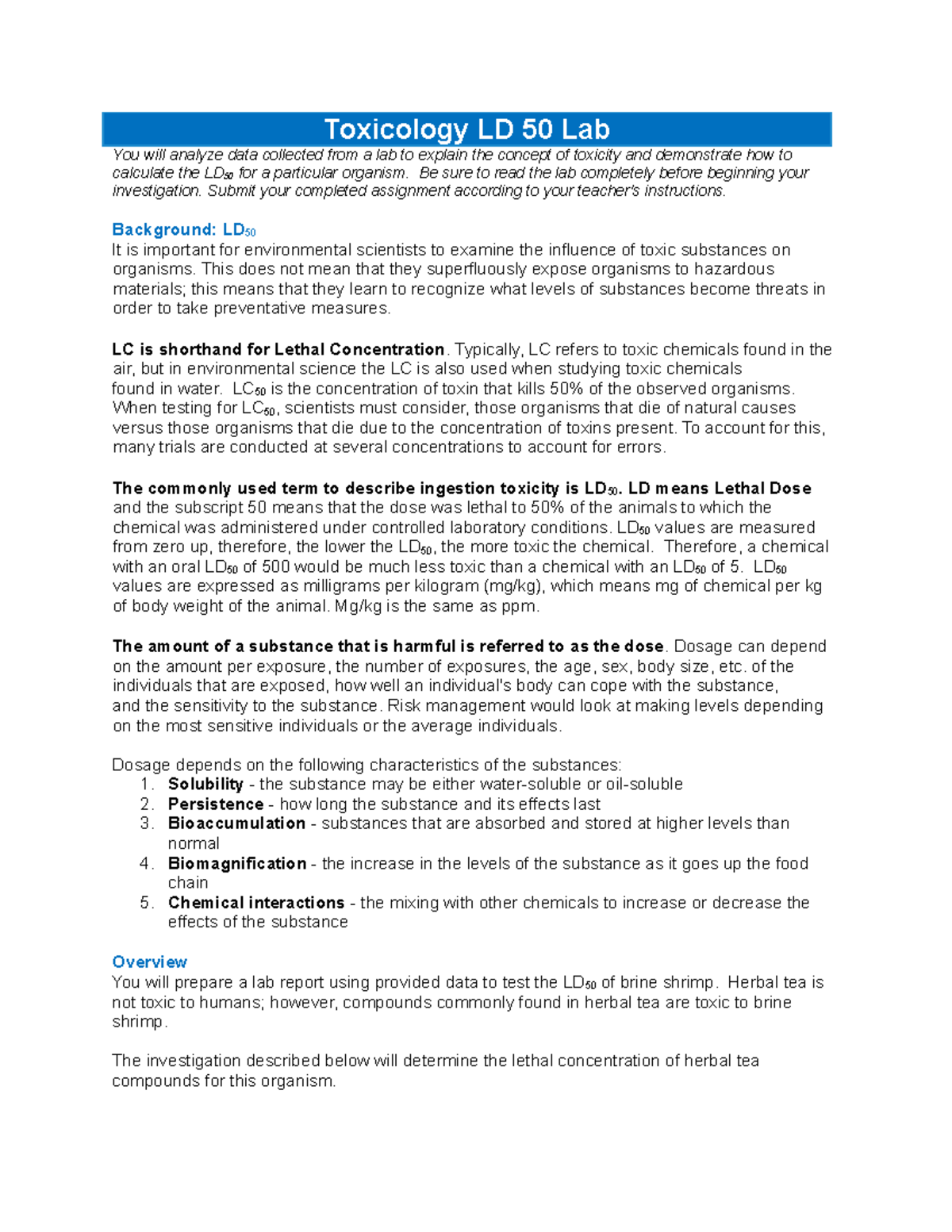 APES Toxicology Lab LD 50 - Toxicology LD 50 Lab You will analyze data ...