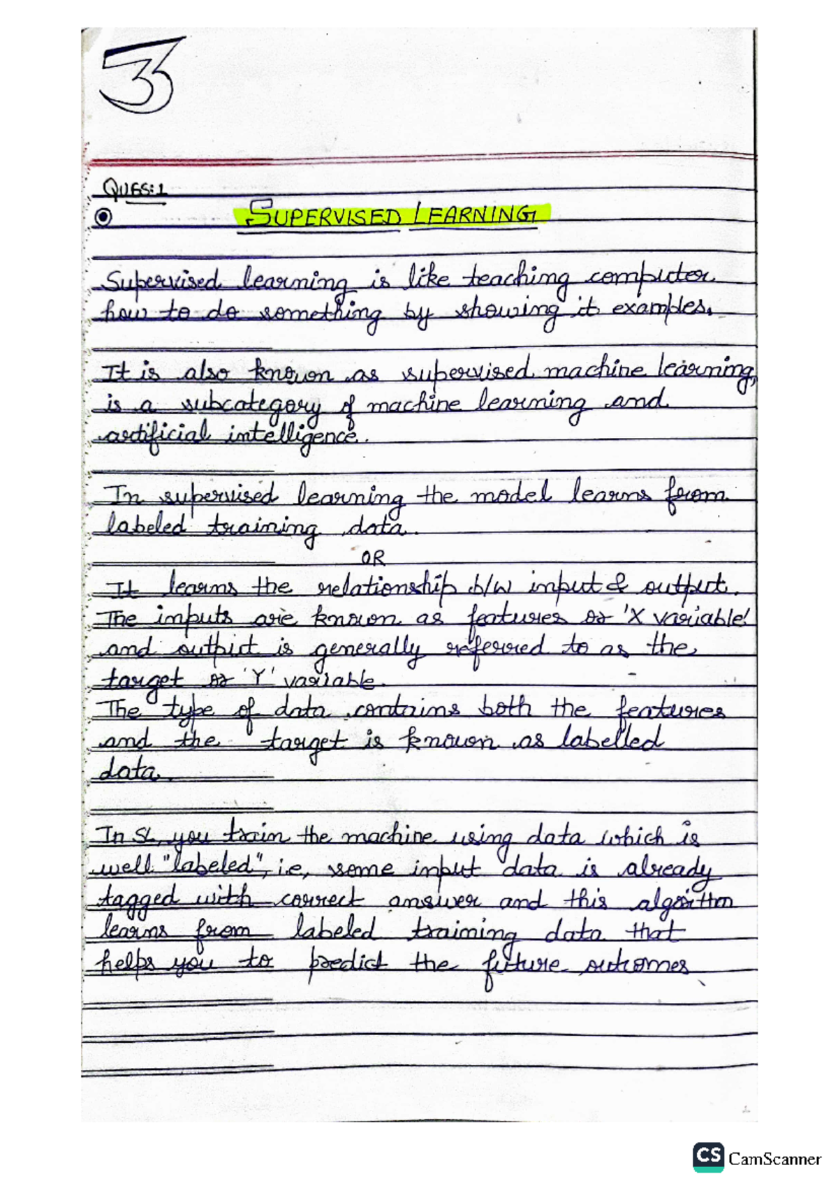 Ml Notes 7th Sem Machine Learning Basics 3 Ques1 Supervised Learning Supervised Learning