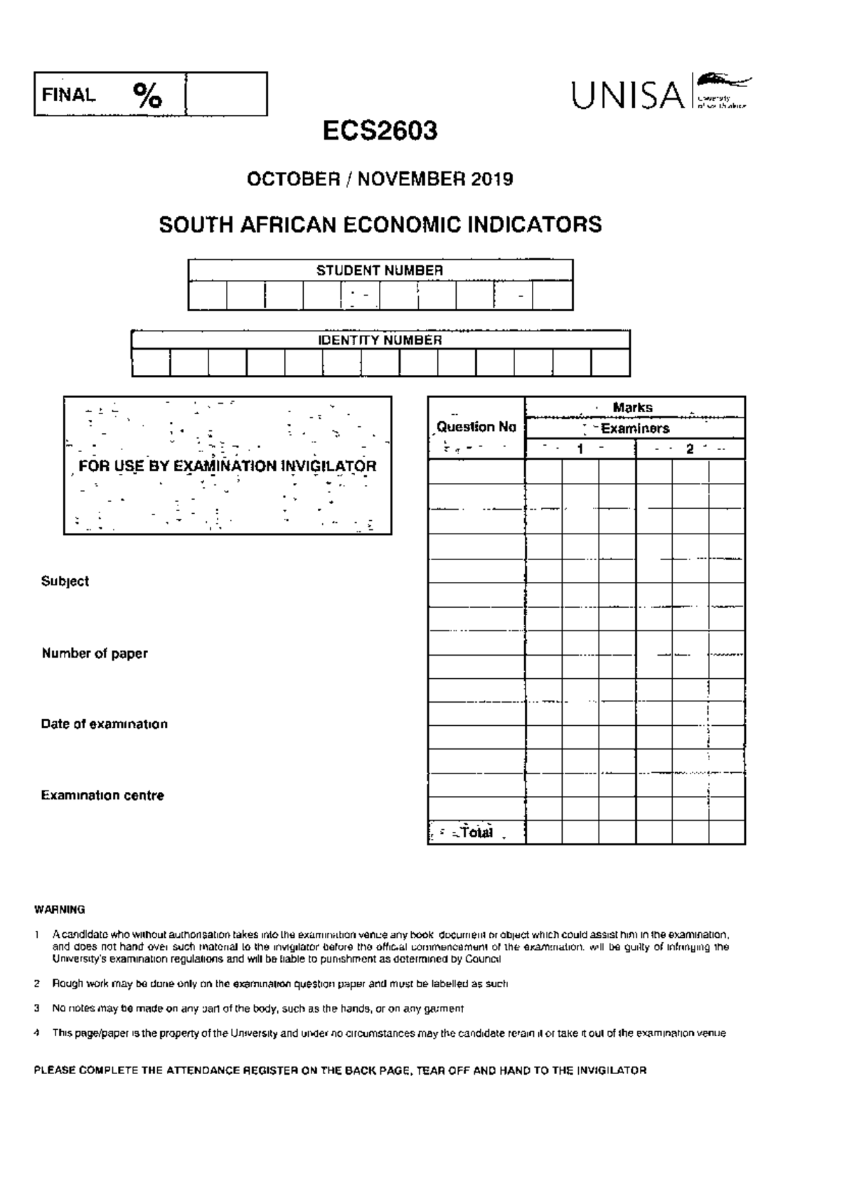 ECS2603 2019 10 E 1 - Economics 2603 - ECS1501 - Studocu