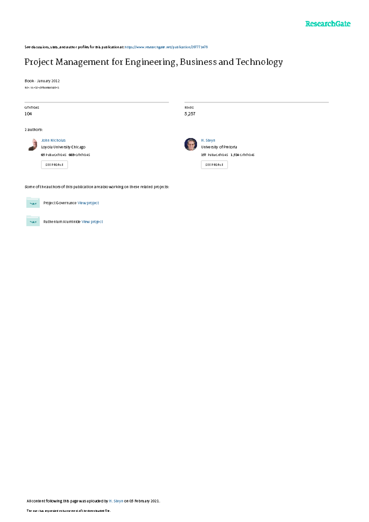 Nicholas Steyn Project Managementfor Engineeringbook - See discussions, stats, and author ...