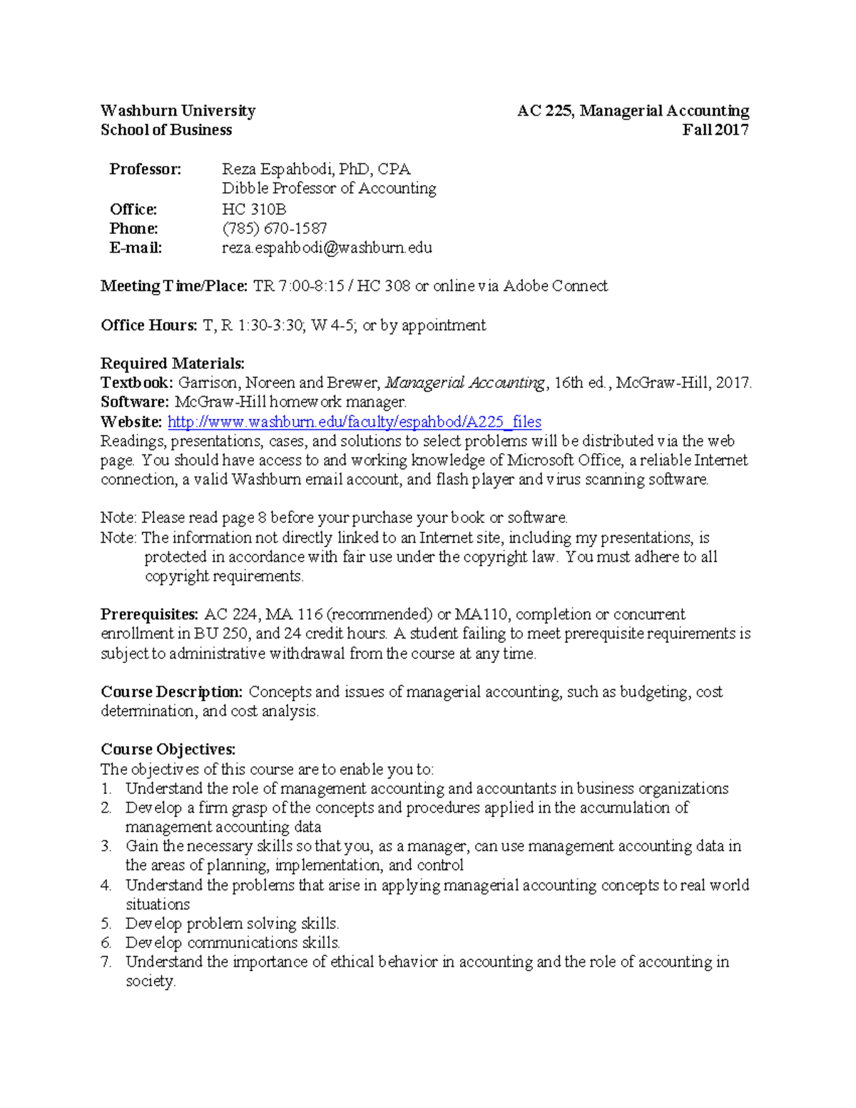 Managerial Accounting syllabus fall 2017 - Washburn University AC 225 ...