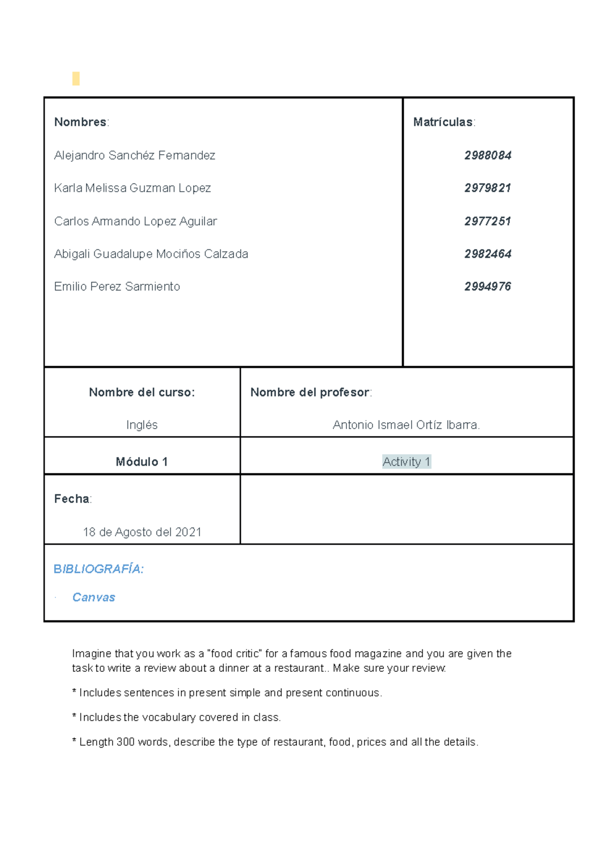 Activity 1 English - Nombres : Alejandro Sanchéz Fernandez Karla ...