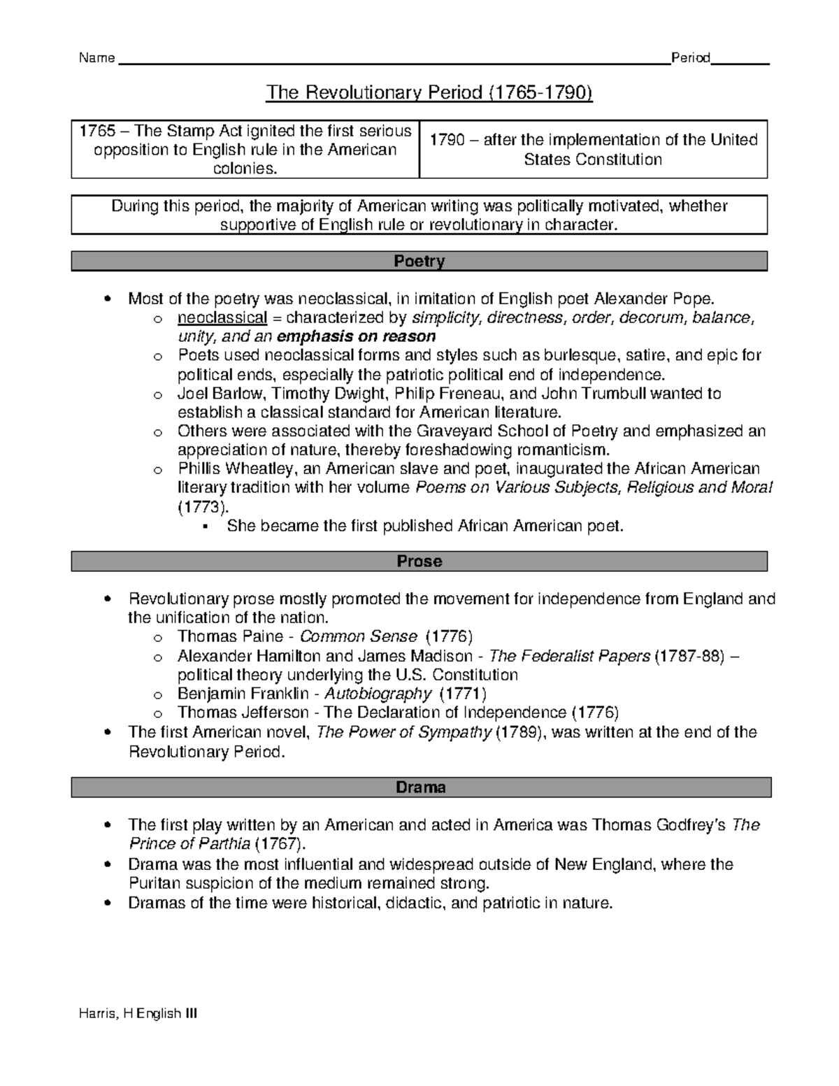The Revolutionary Period and Early National Period - Name Period Harris ...
