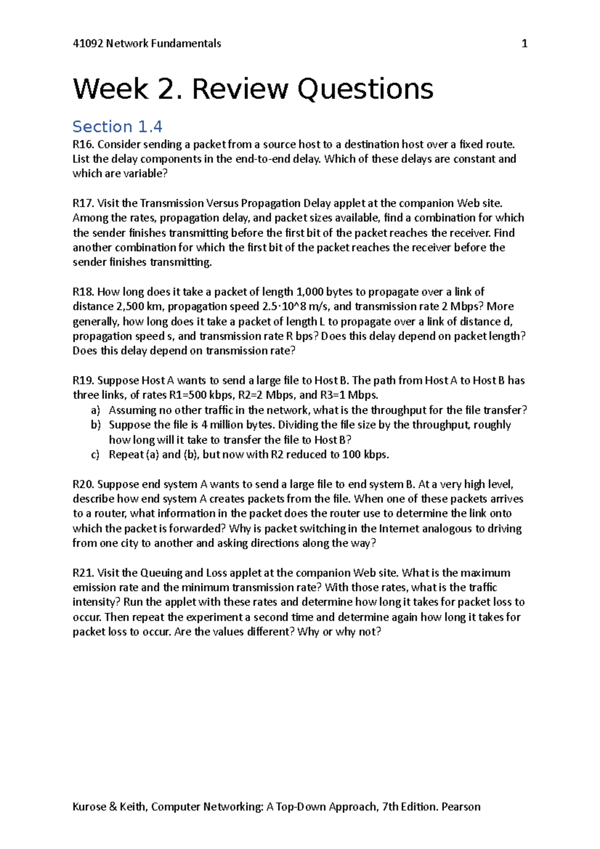 Week2 - Review Question/Practice - 41092 Network Fundamentals Week 2. Review Questions Section 1 ...