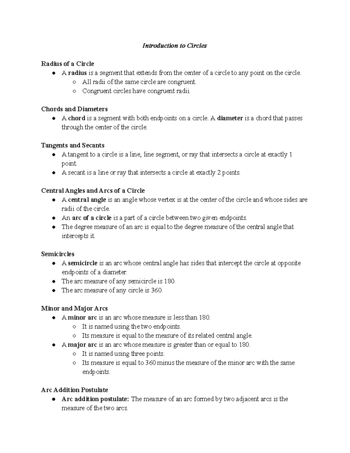 Geometry - First 25% of Course - Introduction to Circles Radius of a ...