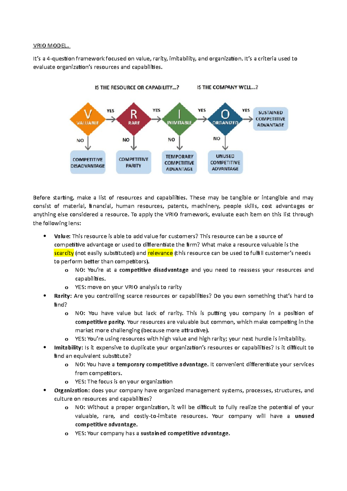 Notes - Summary of some strategies - VRIO MODEL. It’s a 4-question ...