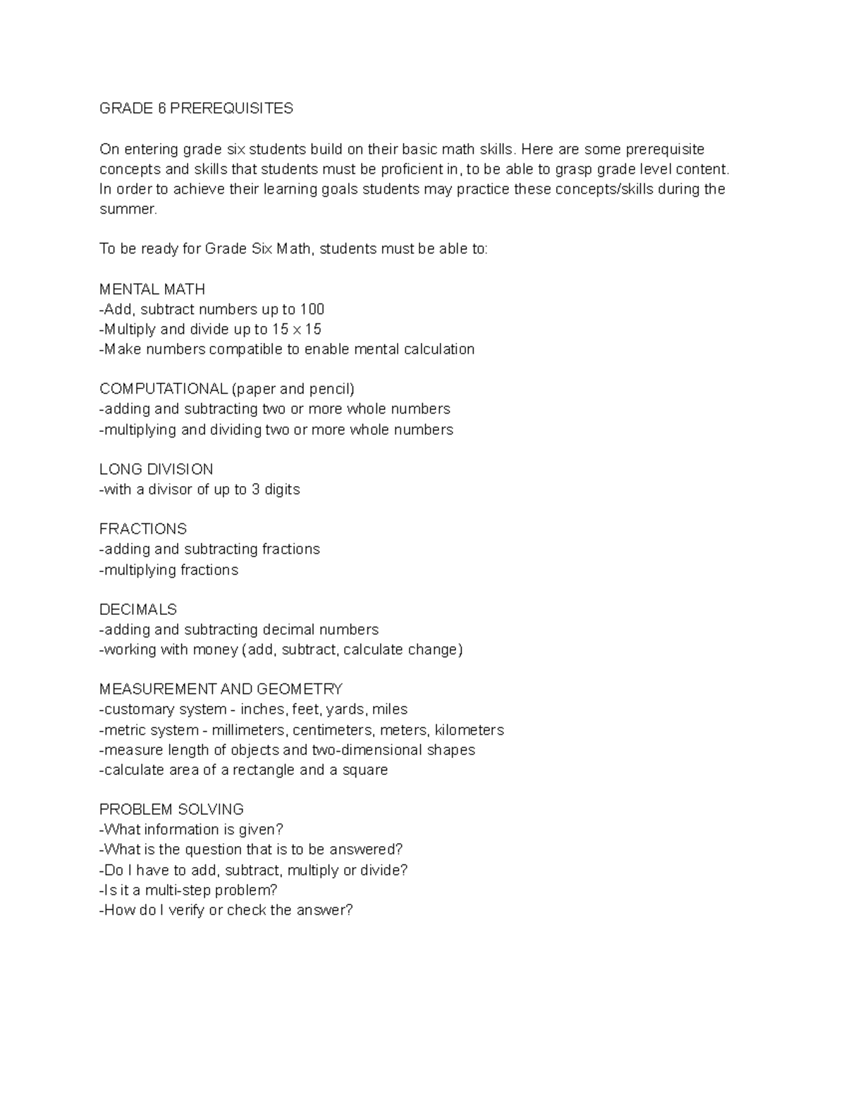 Grade 6 prerequisites - gif - GRADE 6 PREREQUISITES On entering grade ...