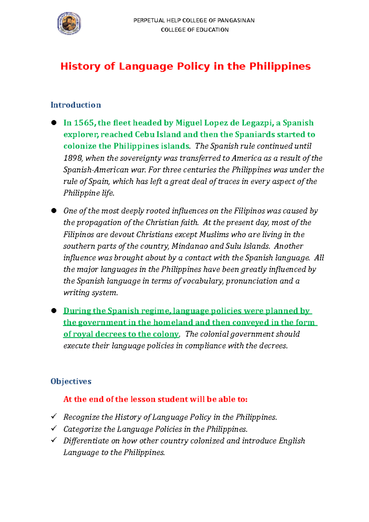 History OF Language Policy IN THE Philippines History Of Language 