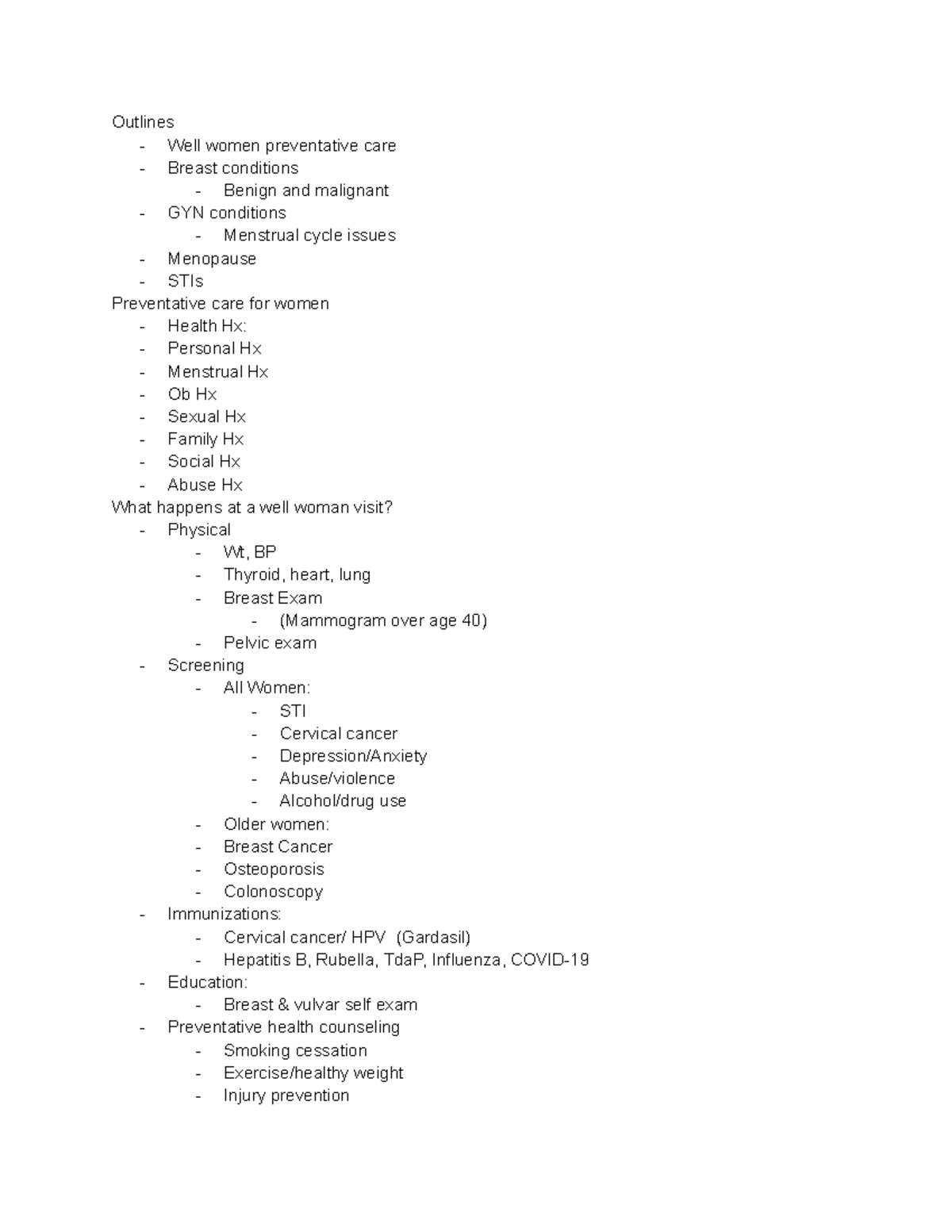 3314 Women's Health and Problems - Outlines - Well women preventative ...