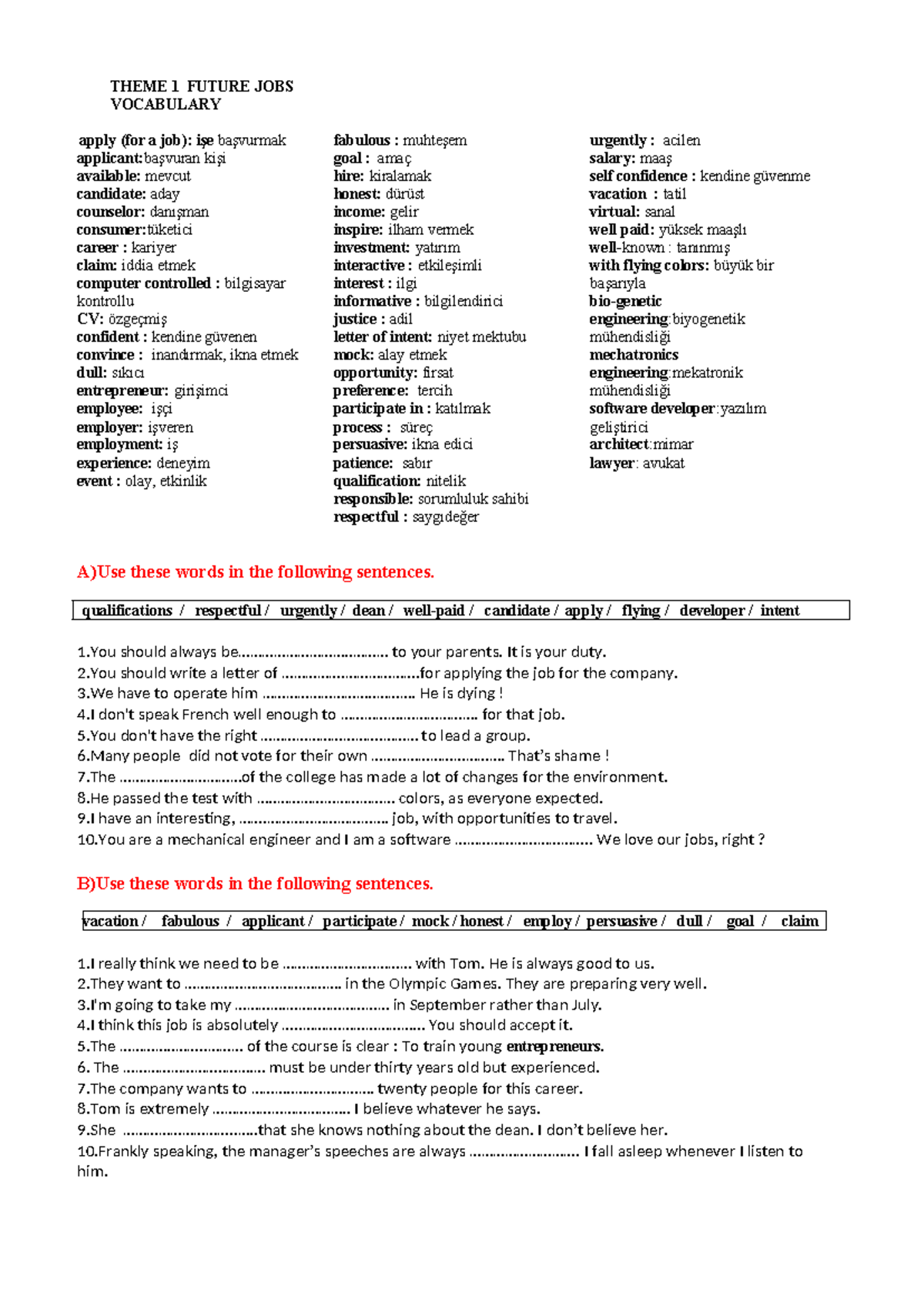Theme 1 Vocabulary - vocab teaching - THEME 1 FUTURE JOBS VOCABULARY ...
