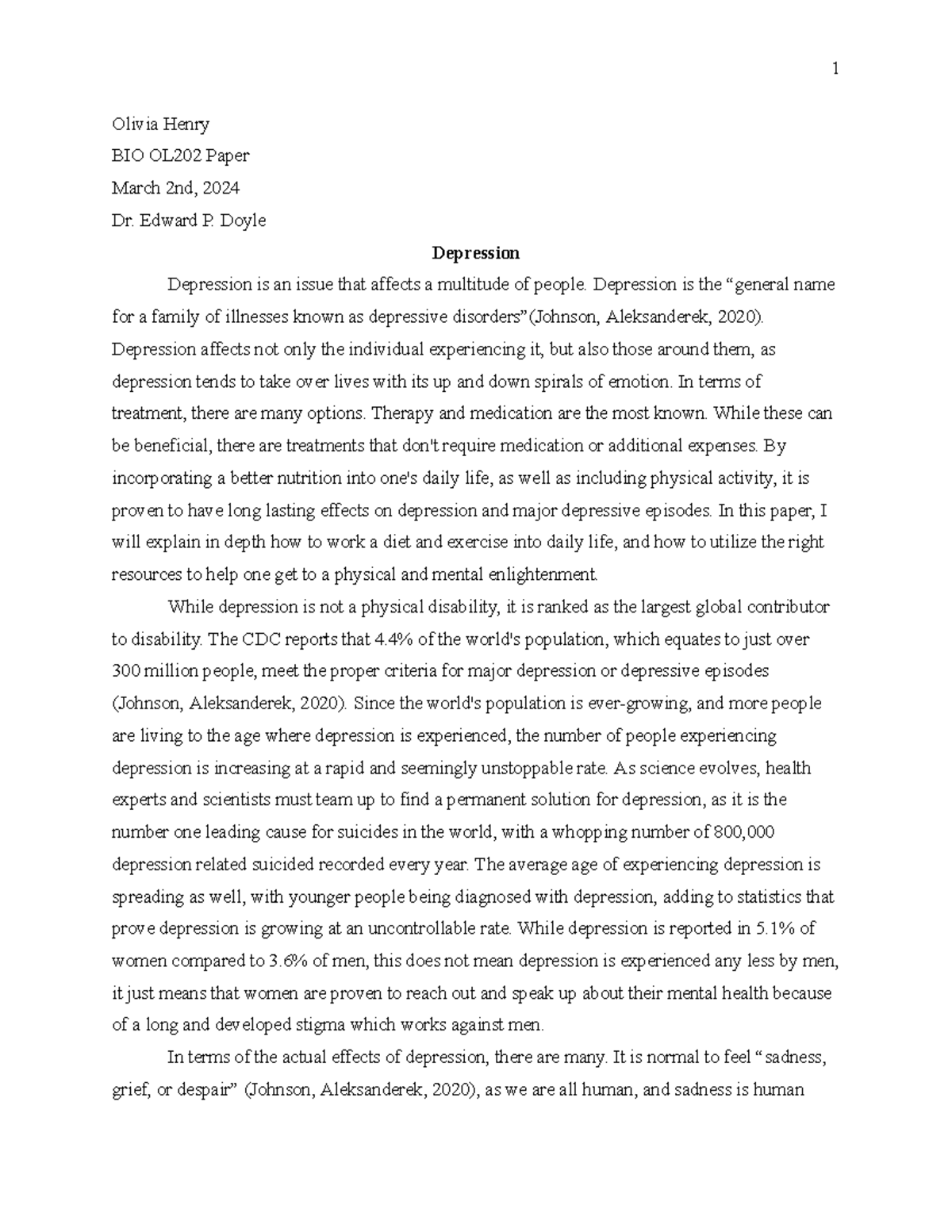BIO paper-2 - Bio final paper on depression - Olivia Henry BIO OL202 ...