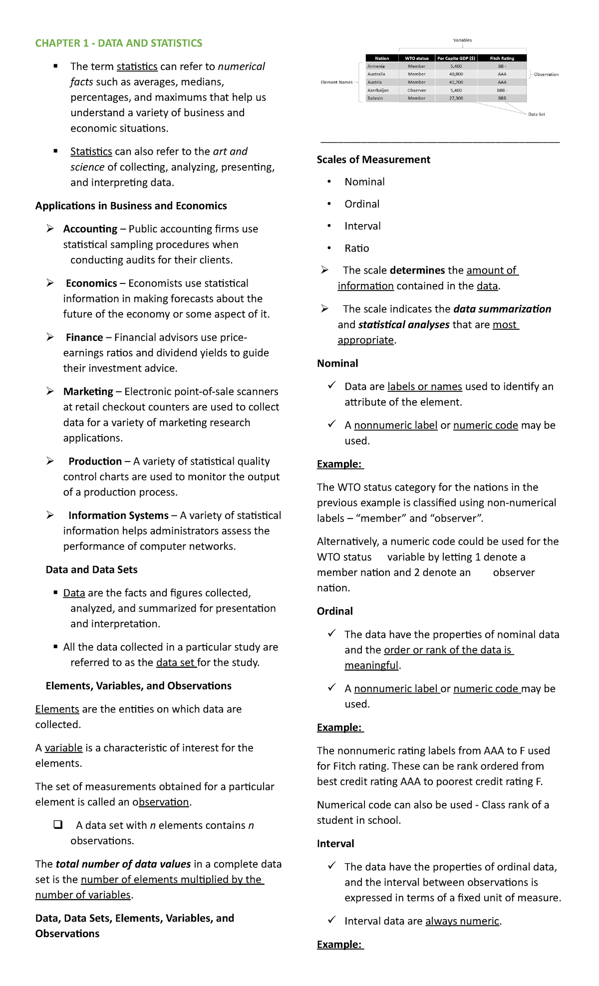 BUSINESS STATISTICS NOTES - CHAPTER 1 - DATA AND STATISTICS The term ...