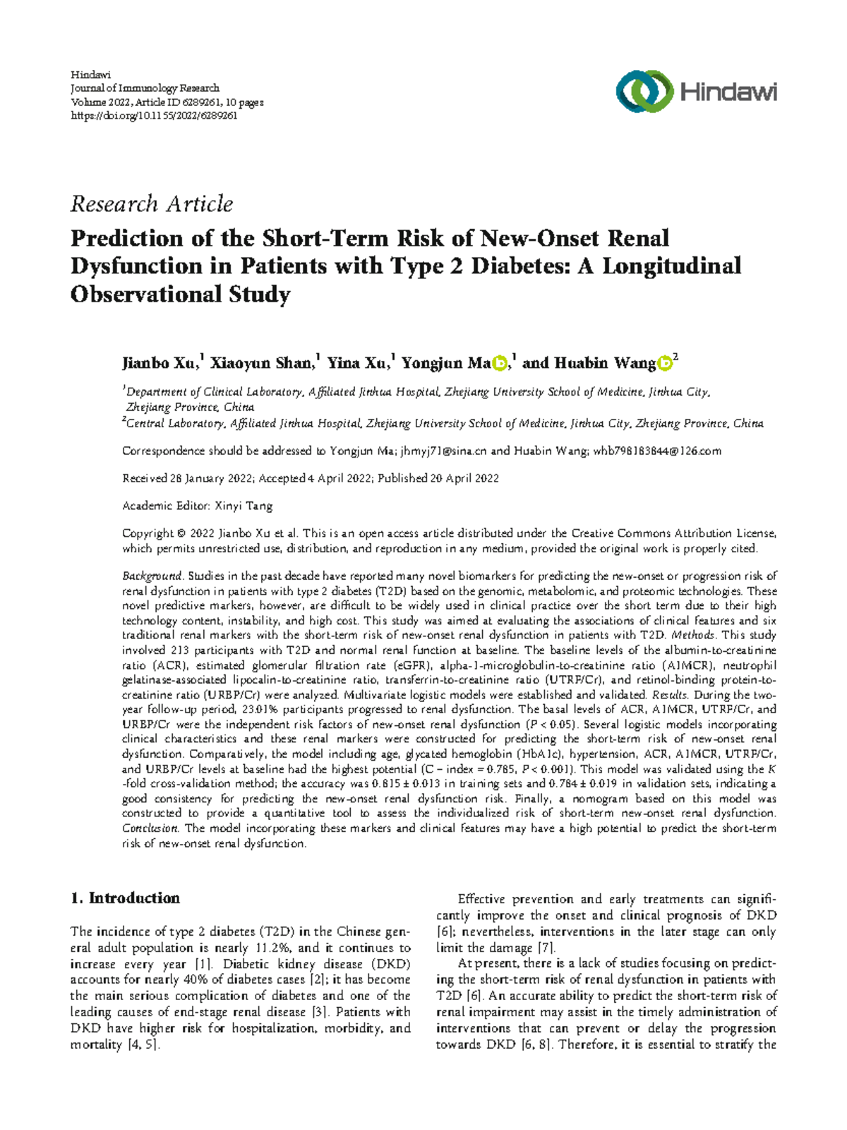 Prediction of the Short-Term Risk of New-Onset Renal - Research Article ...