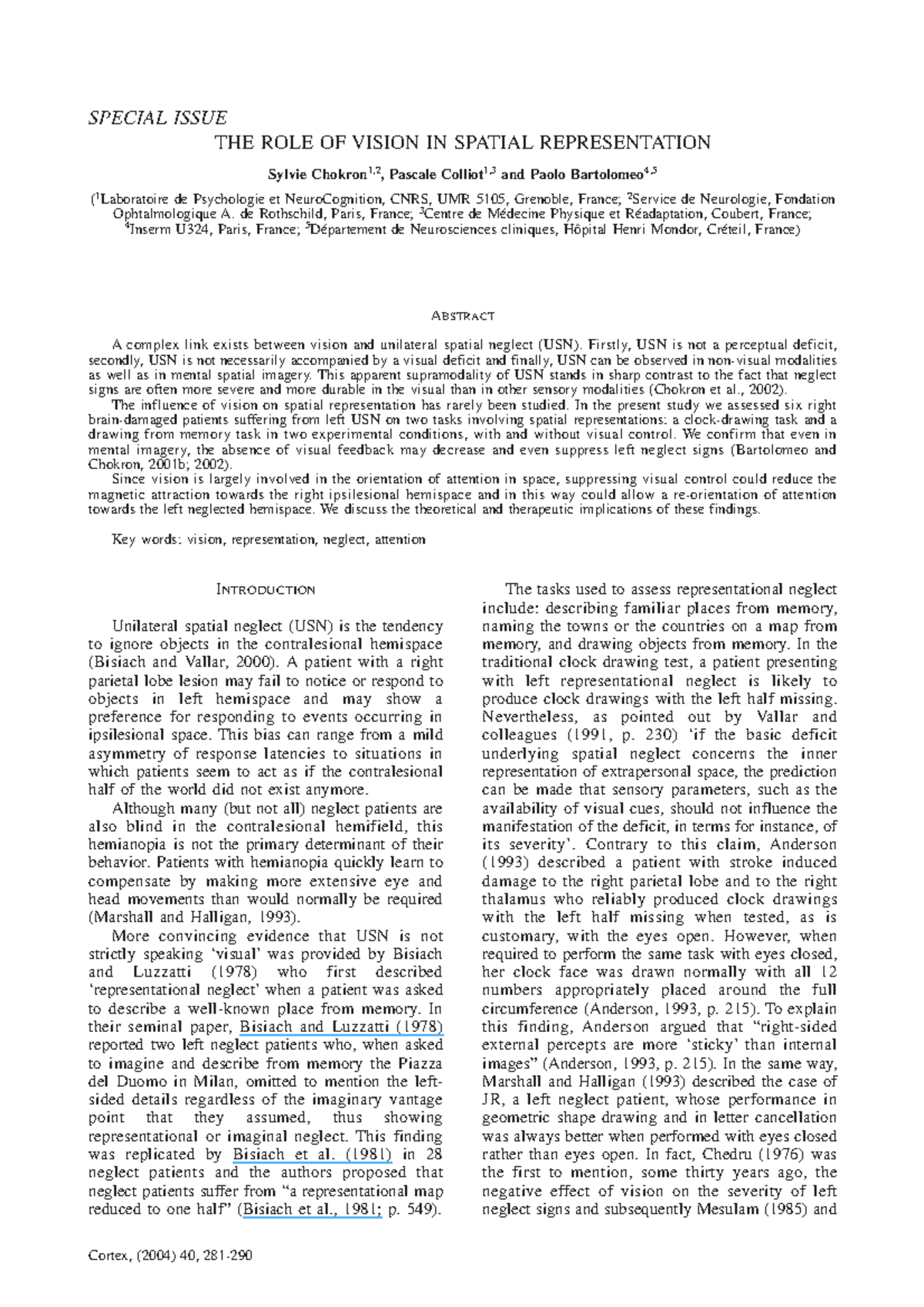 The Role of Vision in Spatial Representa - INTRODUCTION Unilateral ...