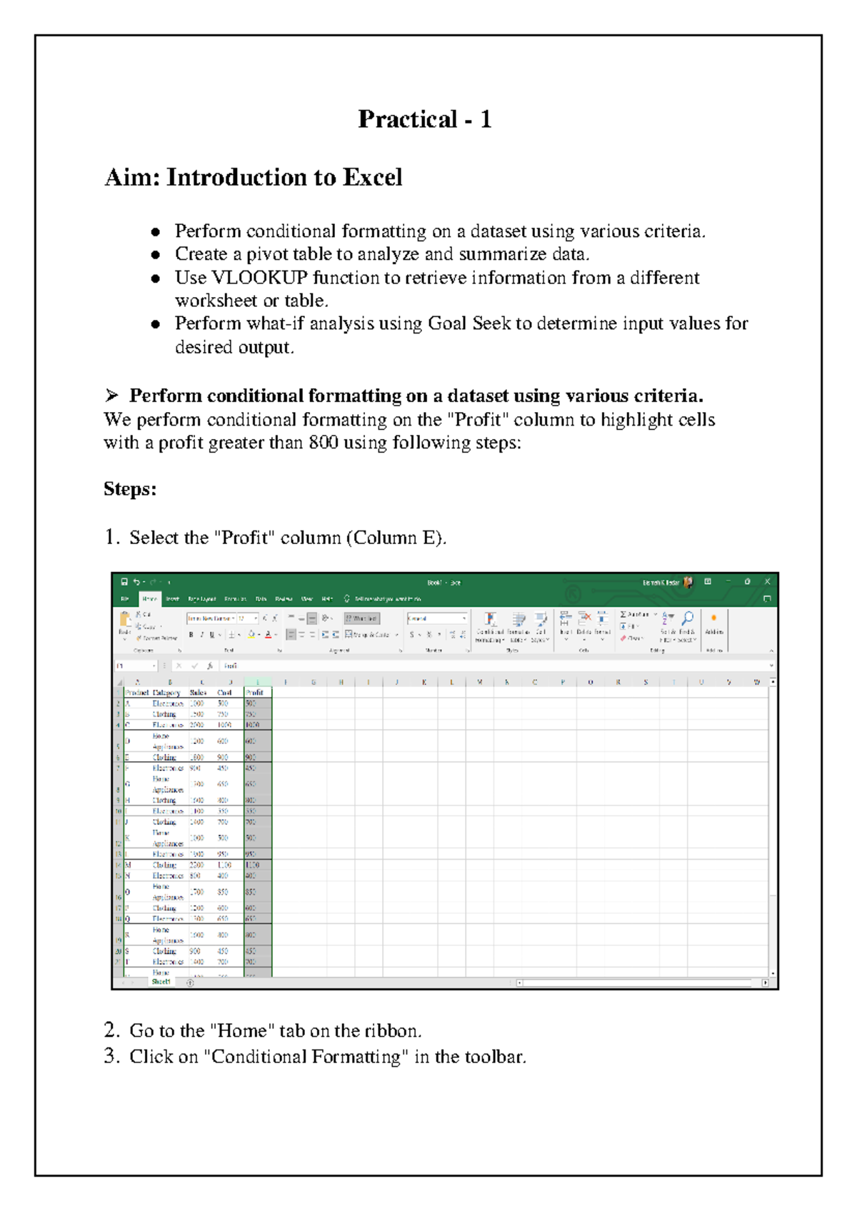 DATA Science - Practical - 1 Aim: Introduction to Excel Perform conditional formatting on a ...