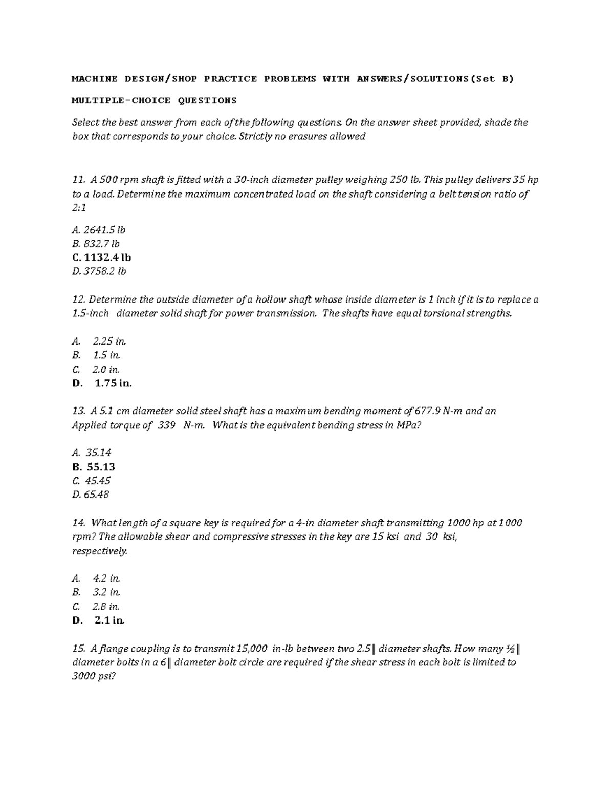 Machine Design - MACHINE DESIGN/SHOP PRACTICE PROBLEMS WITH ANSWERS/SOLUTIONS(Set B) MULTIPLE ...