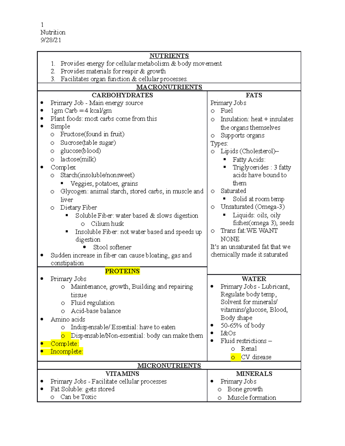 Basic Care Nutrition Notes - Nutrition 9/28/ NUTRIENTS Provides energy ...