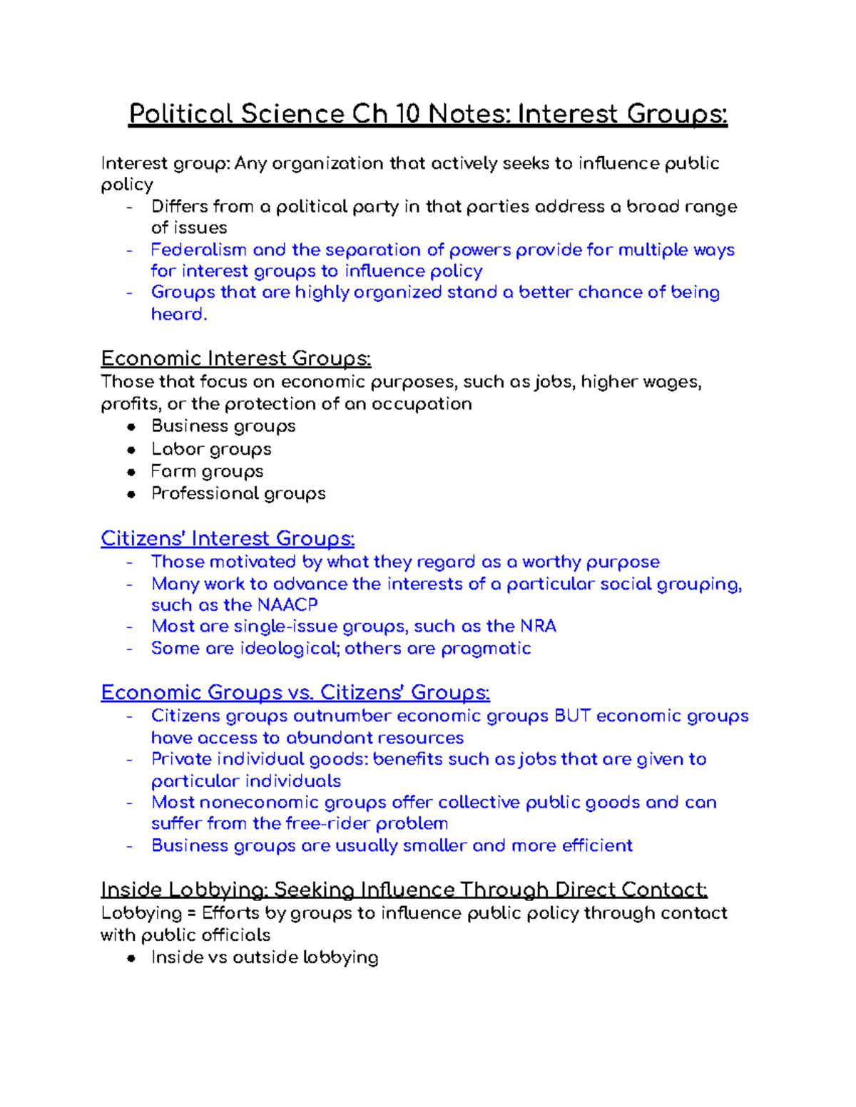 Political Science Ch 10 Notes Interest Groups - Economic Interest ...