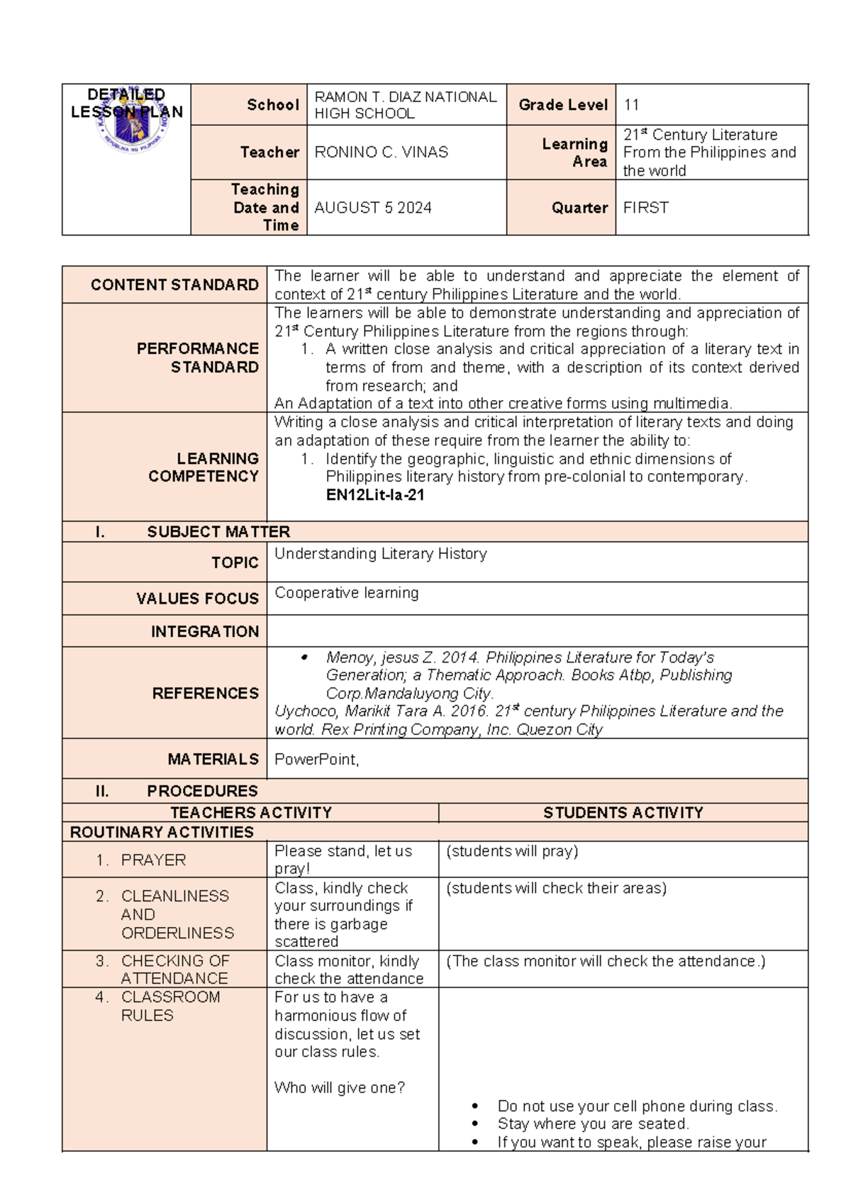 Lesson PLAN August 5 - for dll - DETAILED LESSON PLAN School RAMON T ...