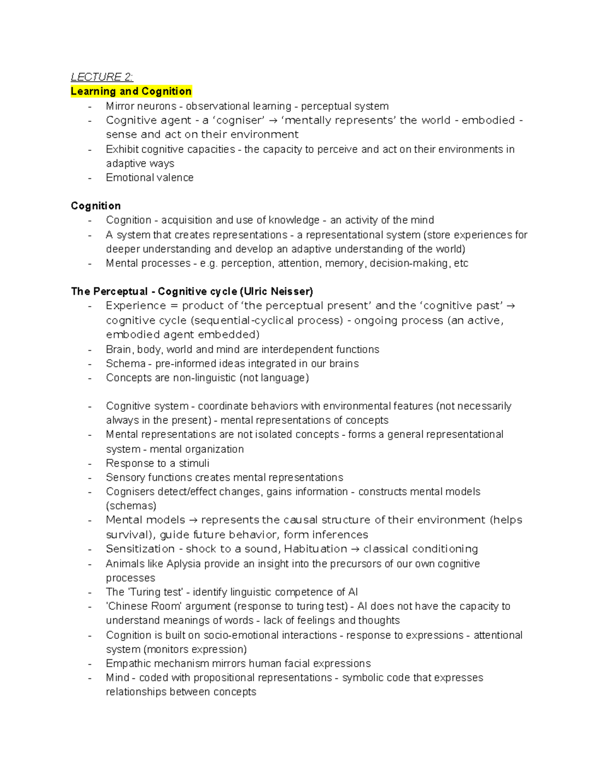 Mbb1 Mbb1 All Lecture Notes Lecture 2 Learning And Cognition Mirror Neurons