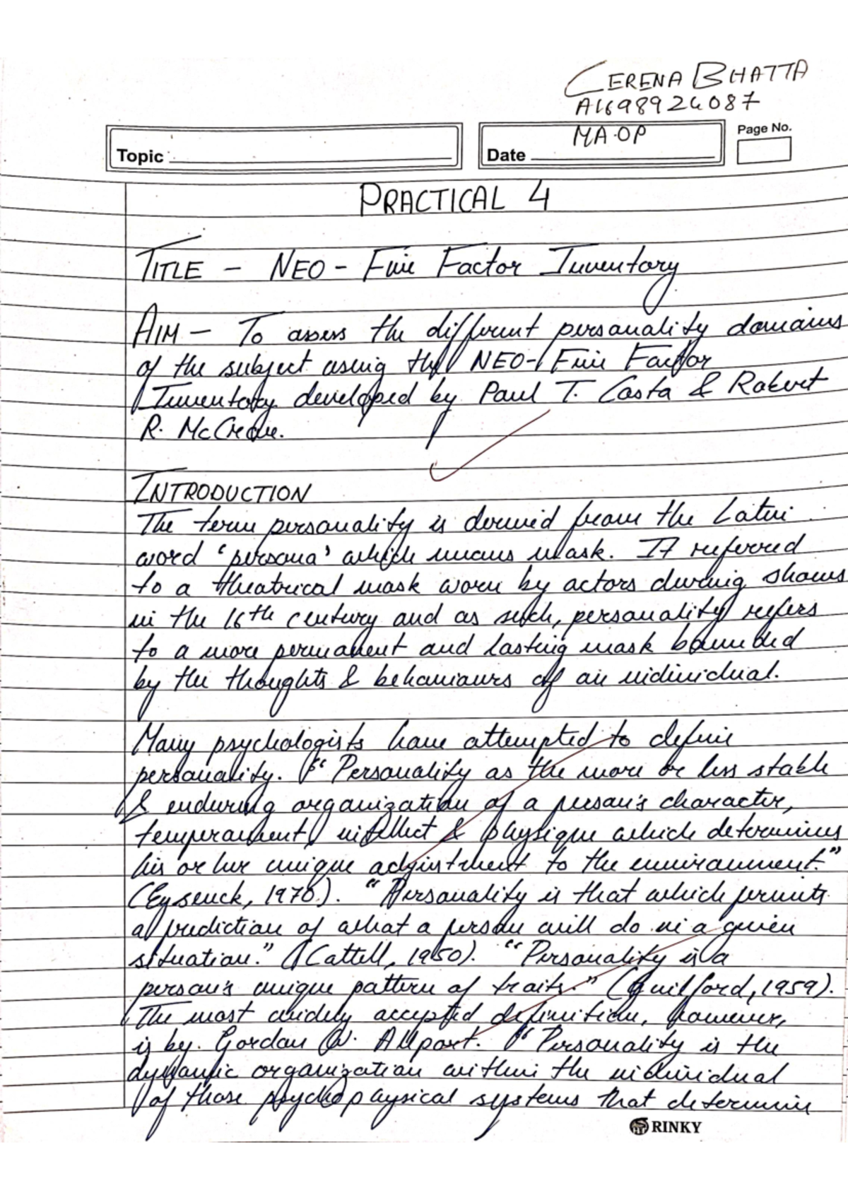 NEO Five Factor Inventory - (2 0TP Alay 26084 Es 7 A Date pane a ...