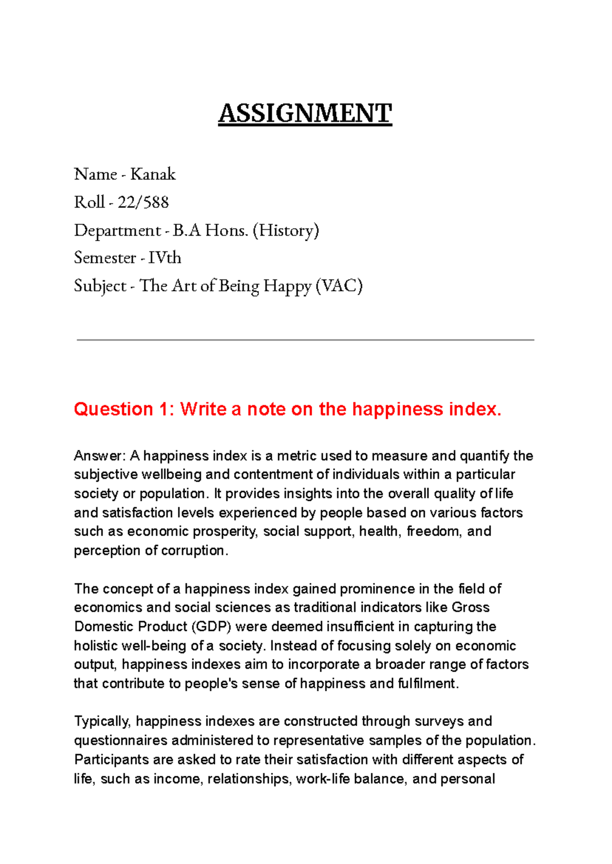 Vac assignment of art of being happy - ASSIGNMENT Name - Kanak Roll ...