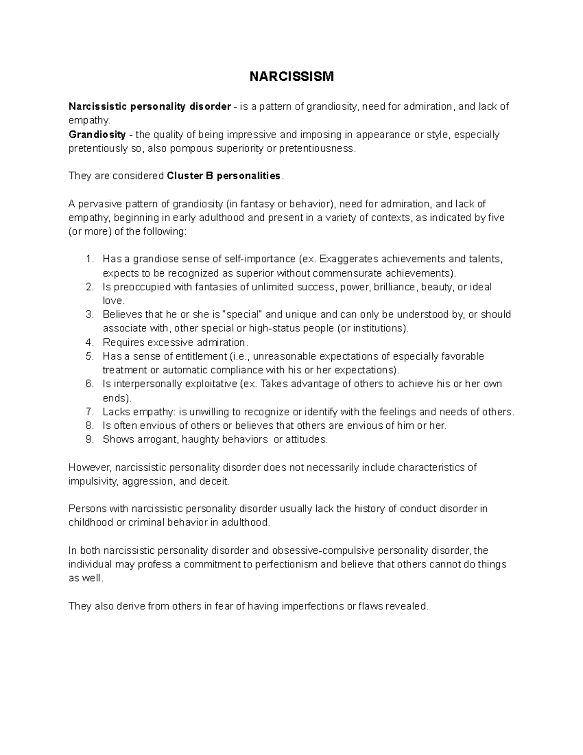 General Psychology - NARCISSISM Narcissistic personality disorder - is ...