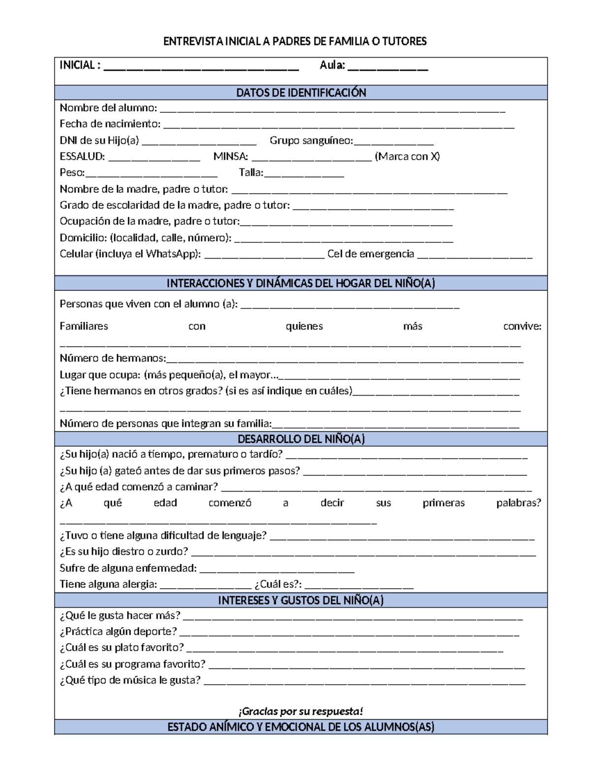 Formato de entrevista inicial padres de familia - ENTREVISTA INICIAL A ...