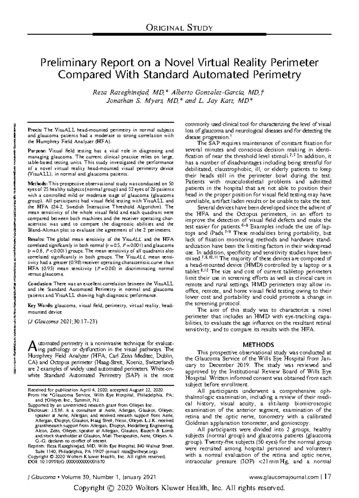 Preliminary Report on a Novel Virtual Reality Perimeter compared with ...