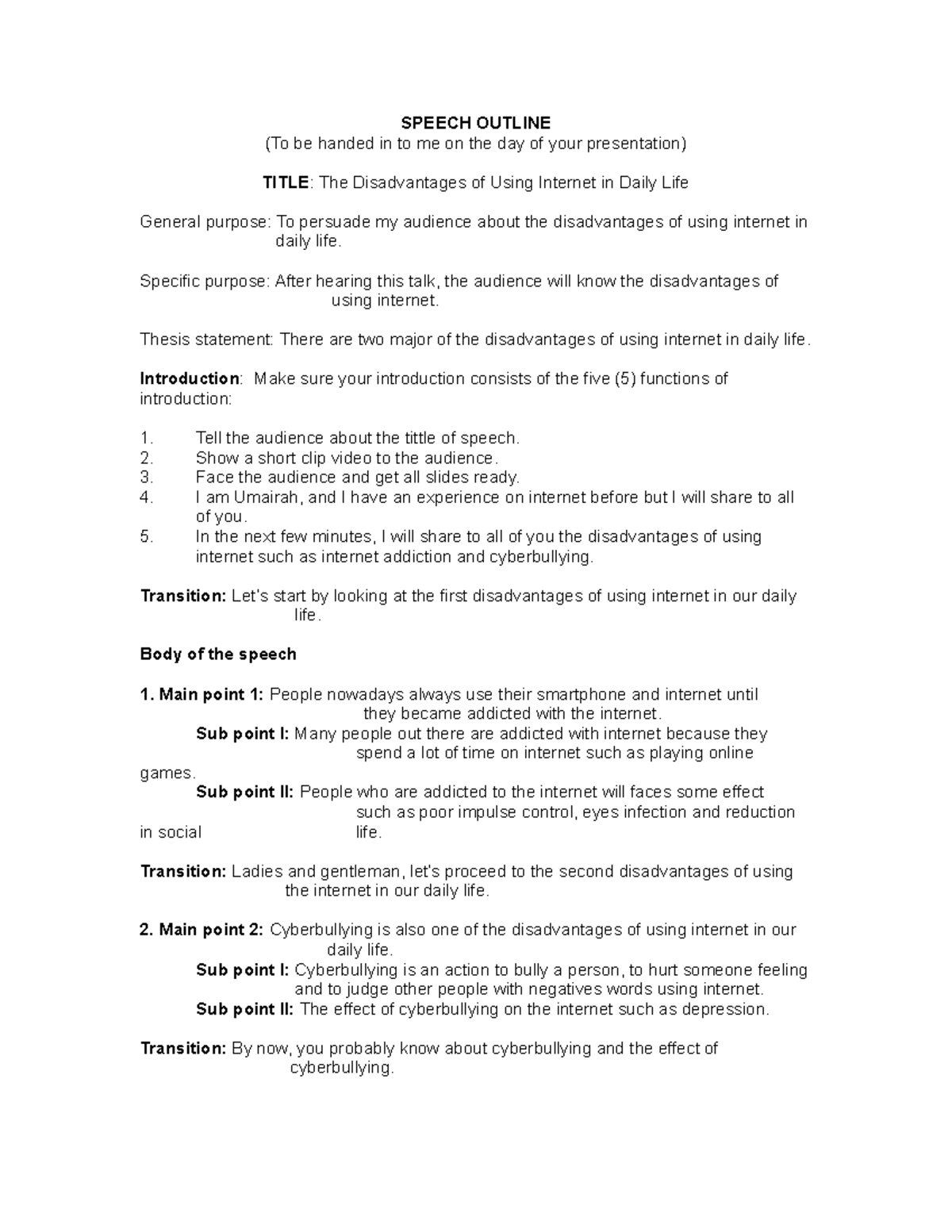 COm 165 Public speaking speech - SPEECH OUTLINE (To be handed in to me ...